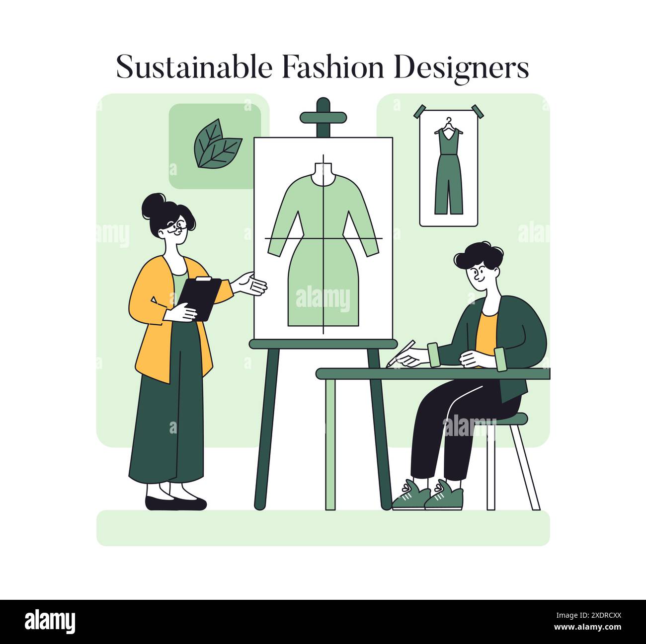 Sustainable Fashion Design concept. Designers collaborate on eco-friendly clothing styles. Green ...