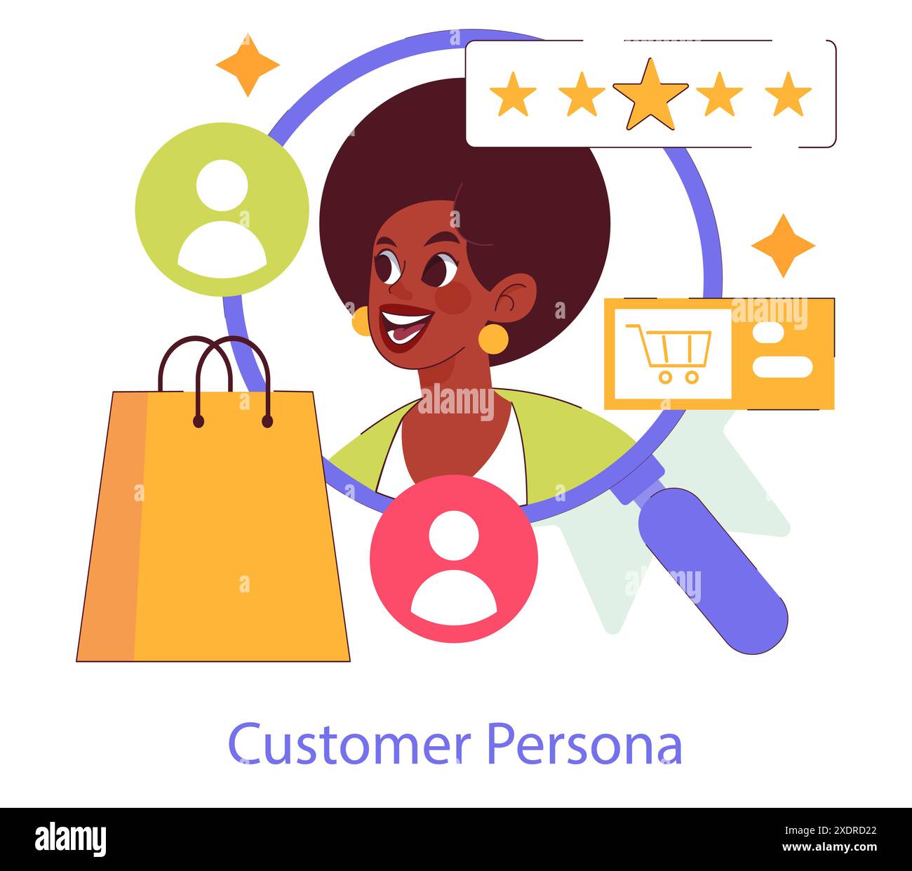 Customer Engagement concept. Illustration of a happy shopper with icons ...