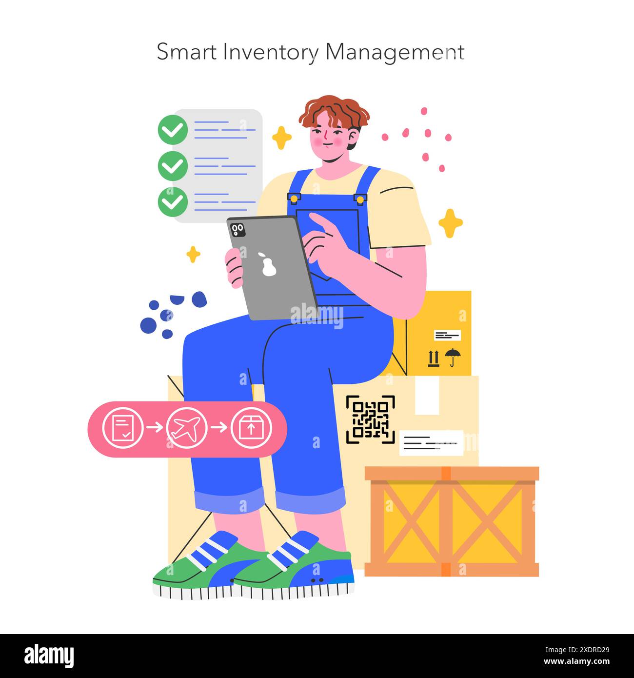 Smart Inventory Management concept. Warehouse employee using tablet for stock control. Modern ...