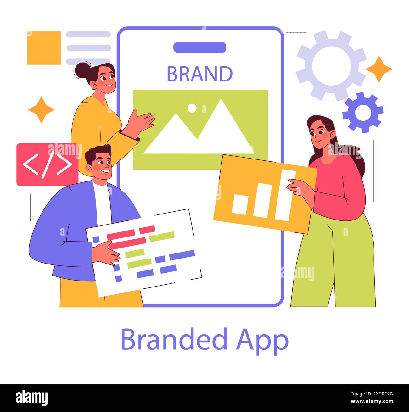Branded App concept. Illustration of a team creating a custom mobile ...