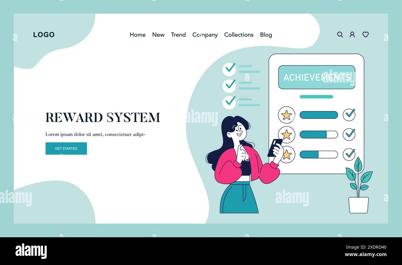 Health Gamification concept. Illustration of a woman checking her achievements on a mobile app ...