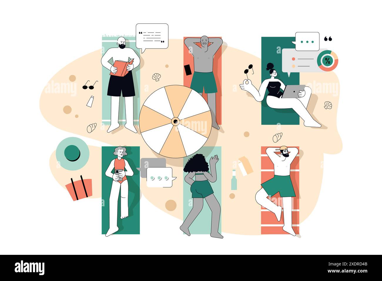 Summer Activities illustration. Diverse characters enjoying leisure at ...