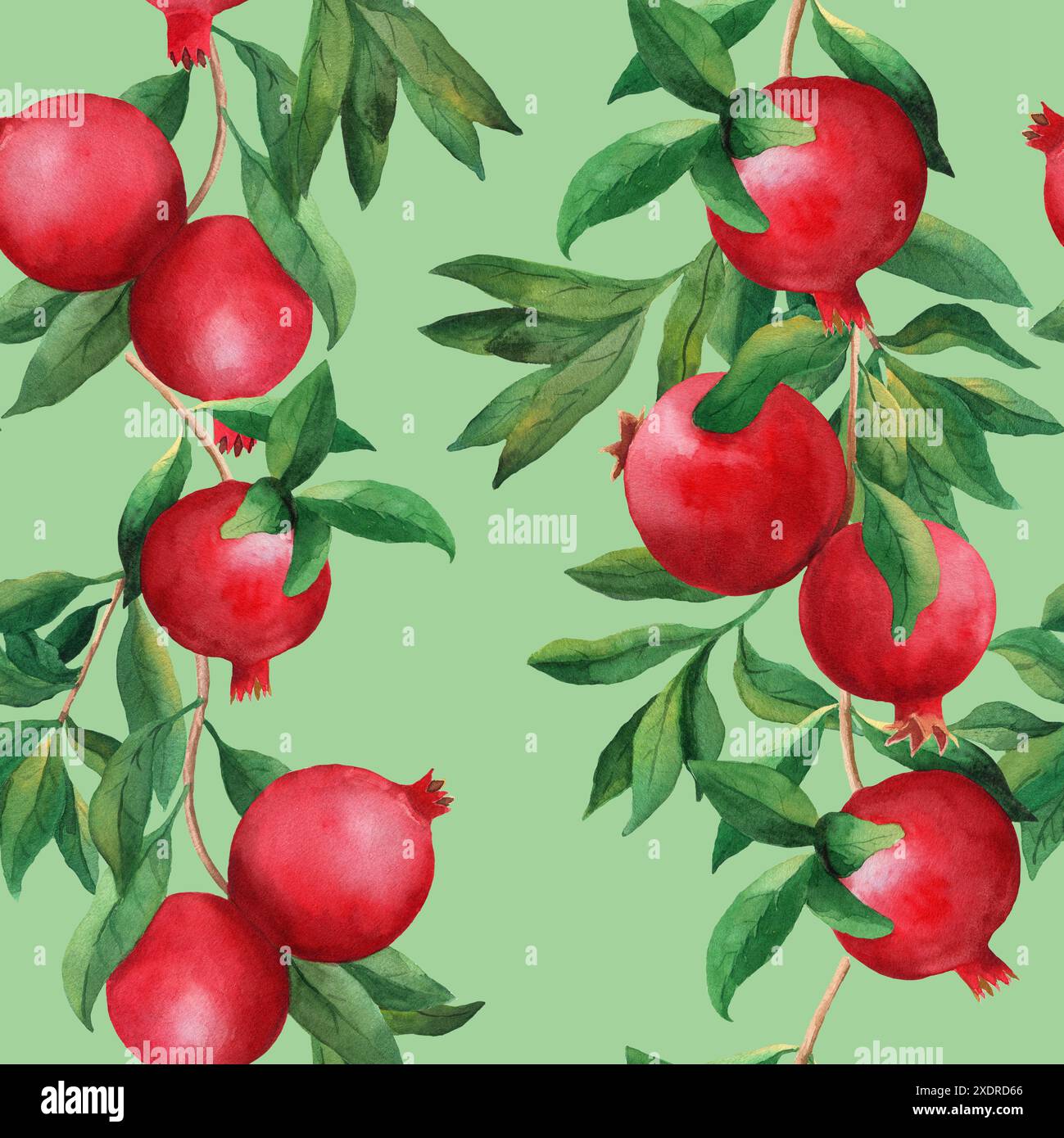 Seamless pattern with pomegranates and leaves. Handmade watercolor ...