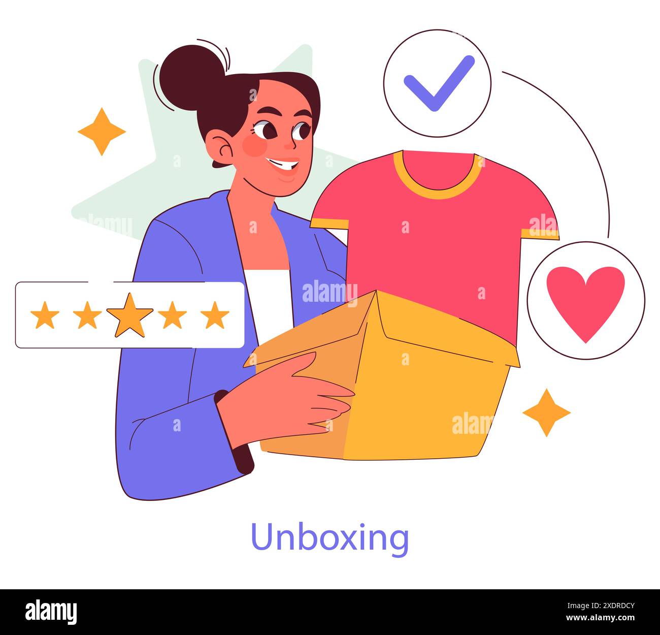 Customer satisfaction concept. A happy customer unboxes a new purchase ...