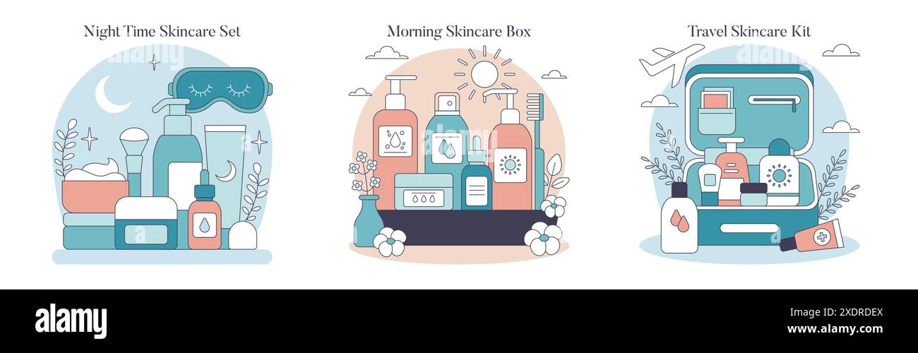 Skincare Toolbox set. Personal care regimes for night, morning, and ...