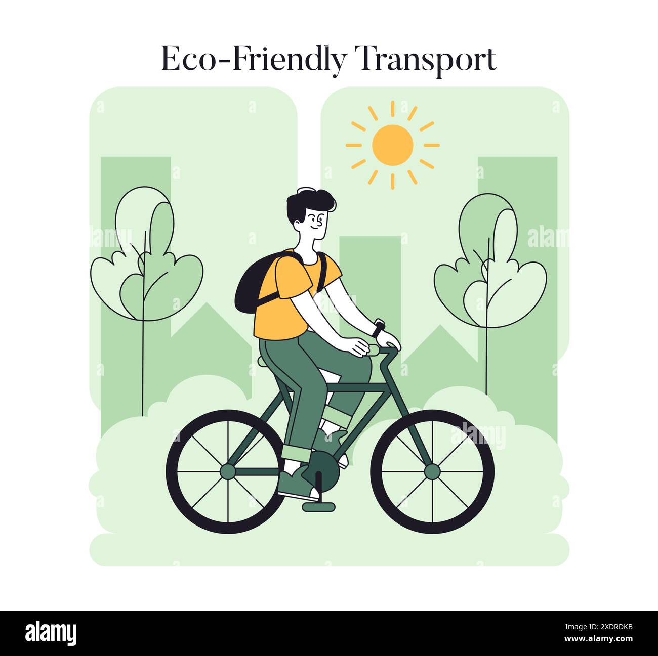 Eco-Friendly Transport concept. Man riding a bicycle in a green urban ...