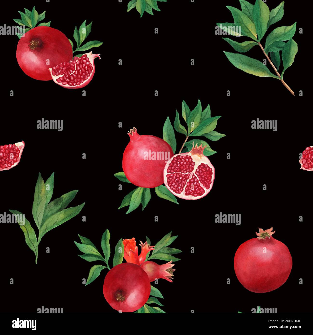 Seamless pattern with pomegranates and leaves. Handmade watercolor ...