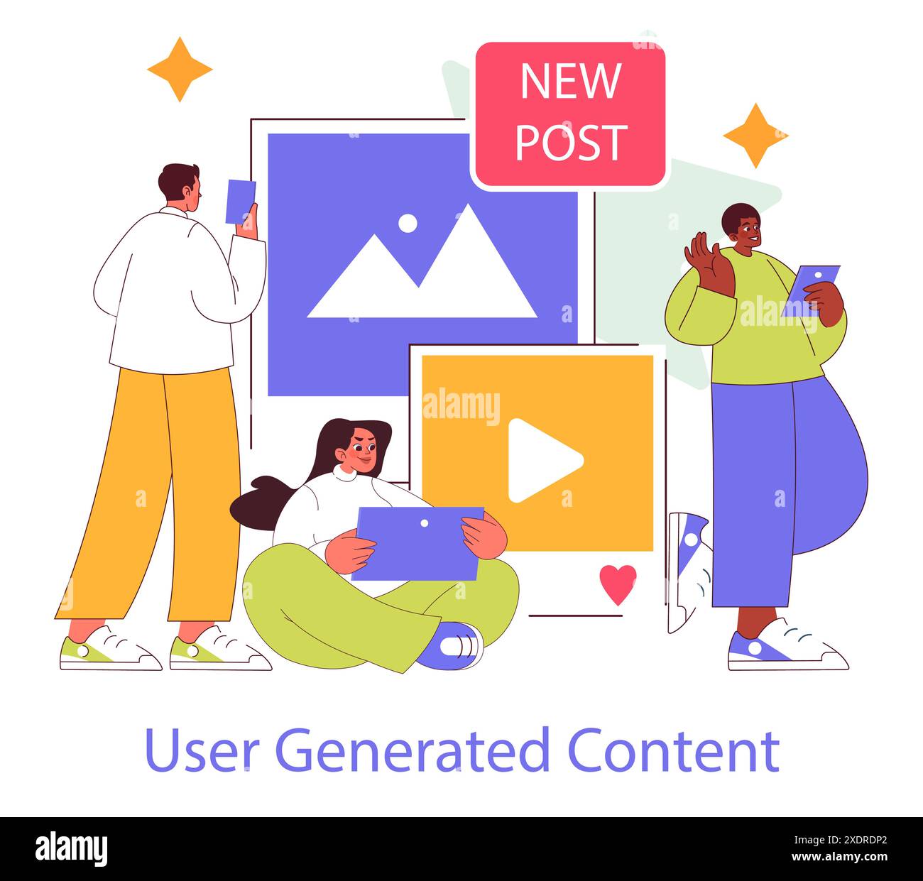 Social Media Marketing concept. Diverse users engage with content, highlighting online ...