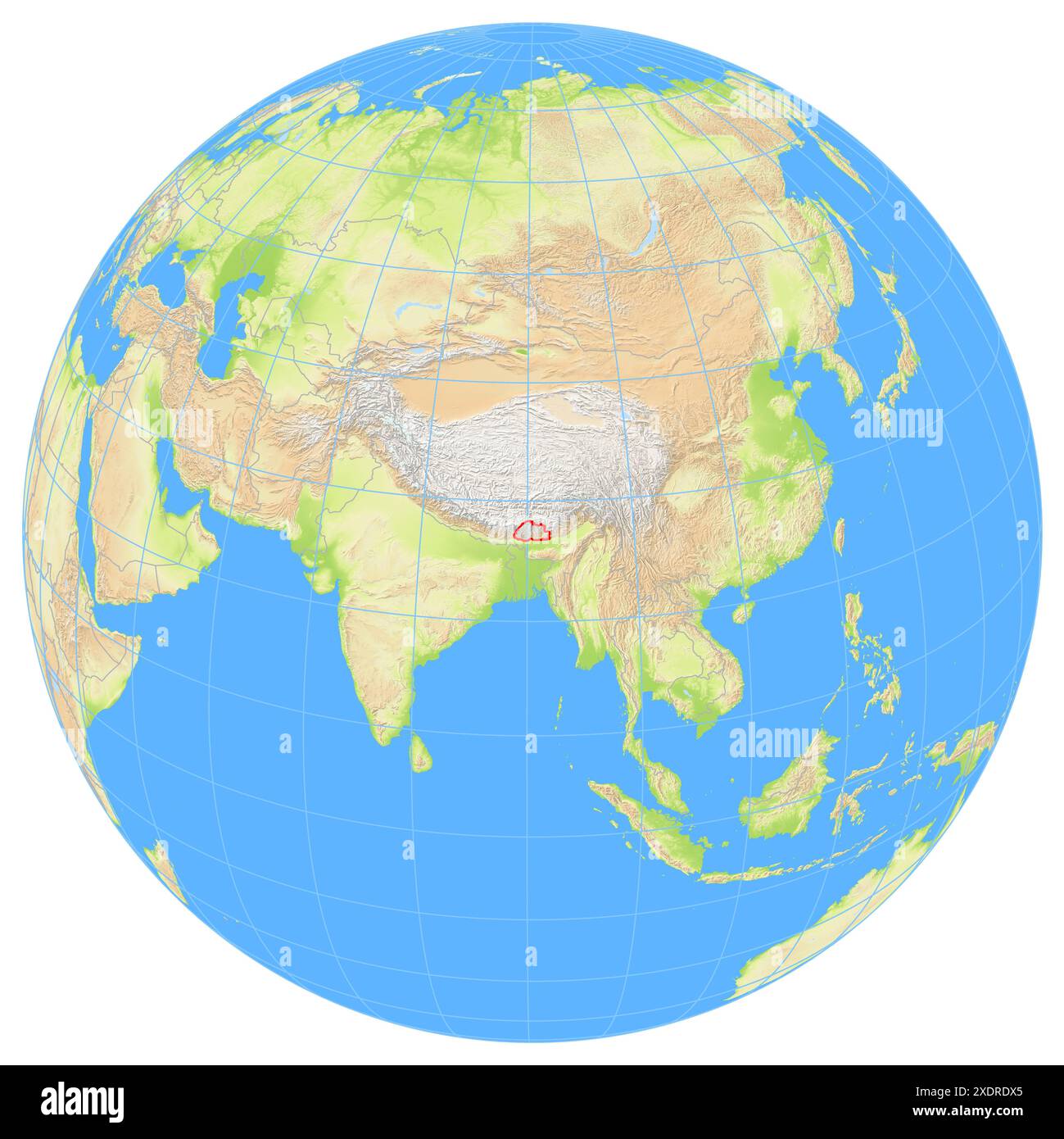 View of the Earth from space showing the location of the country Bhutan ...