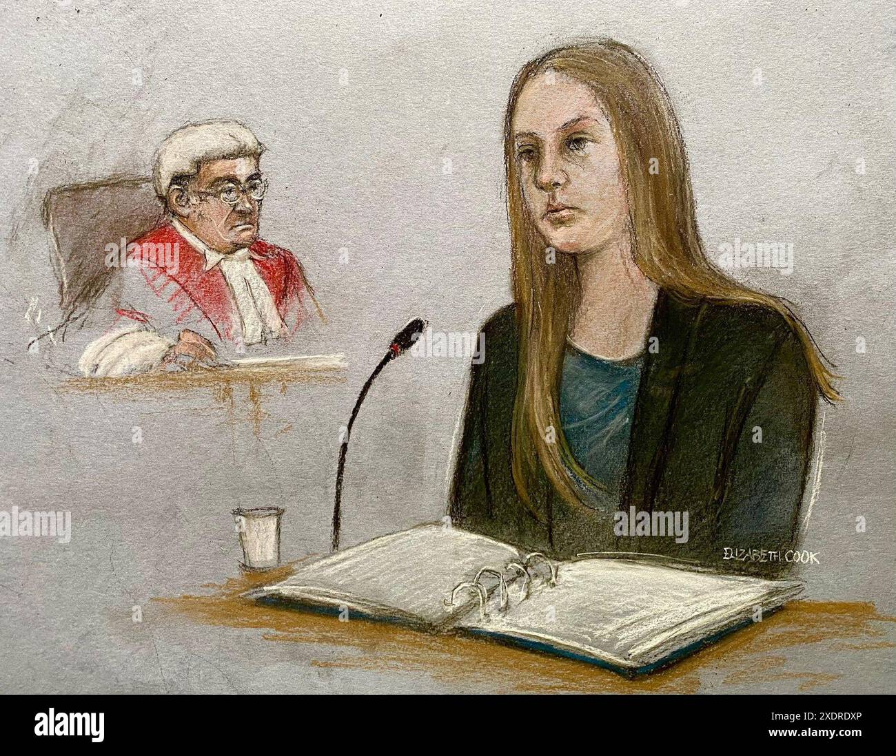 Court artist drawing by Elizabeth Cook of Lucy Letby giving evidence ...