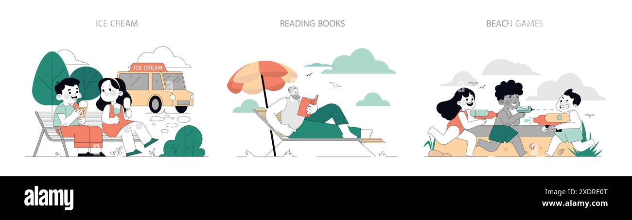 Summer activities set. People enjoying ice cream, reading, and playing ...