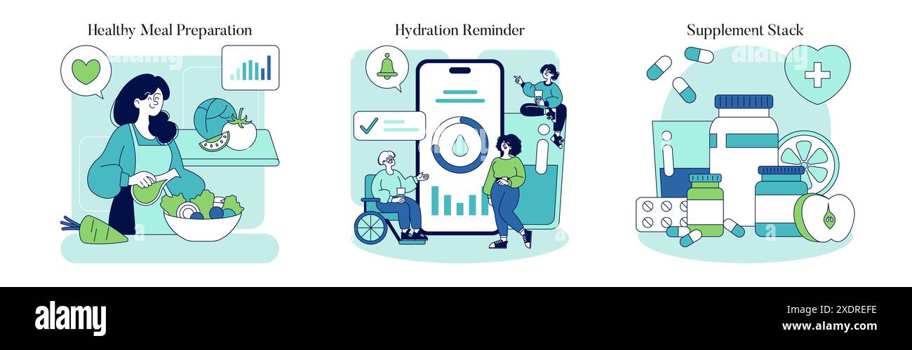 Biohacking set. Healthy lifestyle optimization with meal prep ...