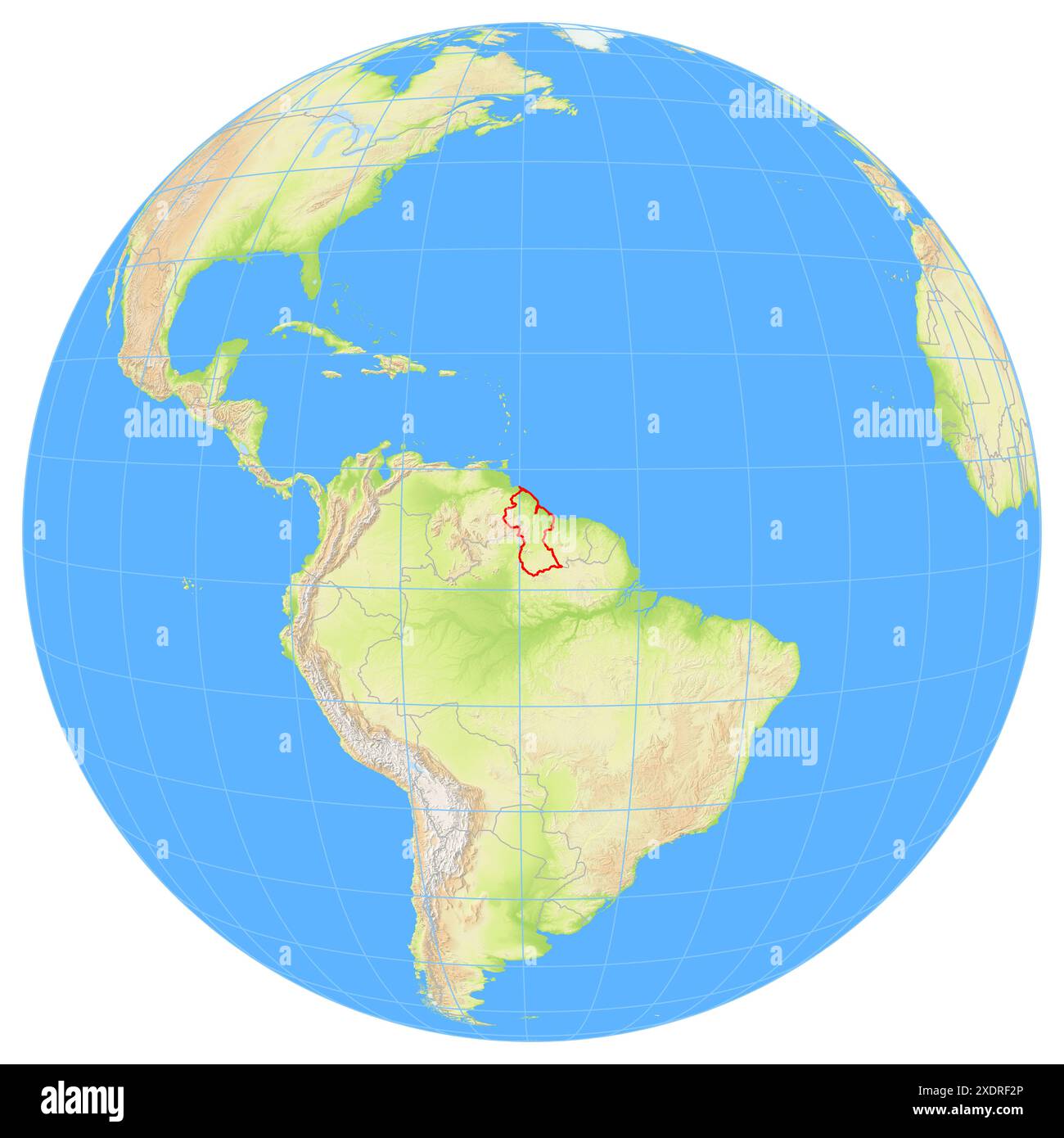 View of the Earth from space showing the location of the country Guyana ...