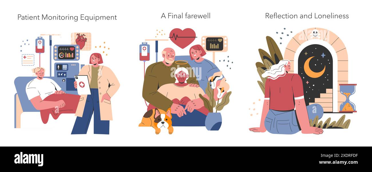 Euthanasia concept set. Patient end-of-life care, emotional goodbye ...