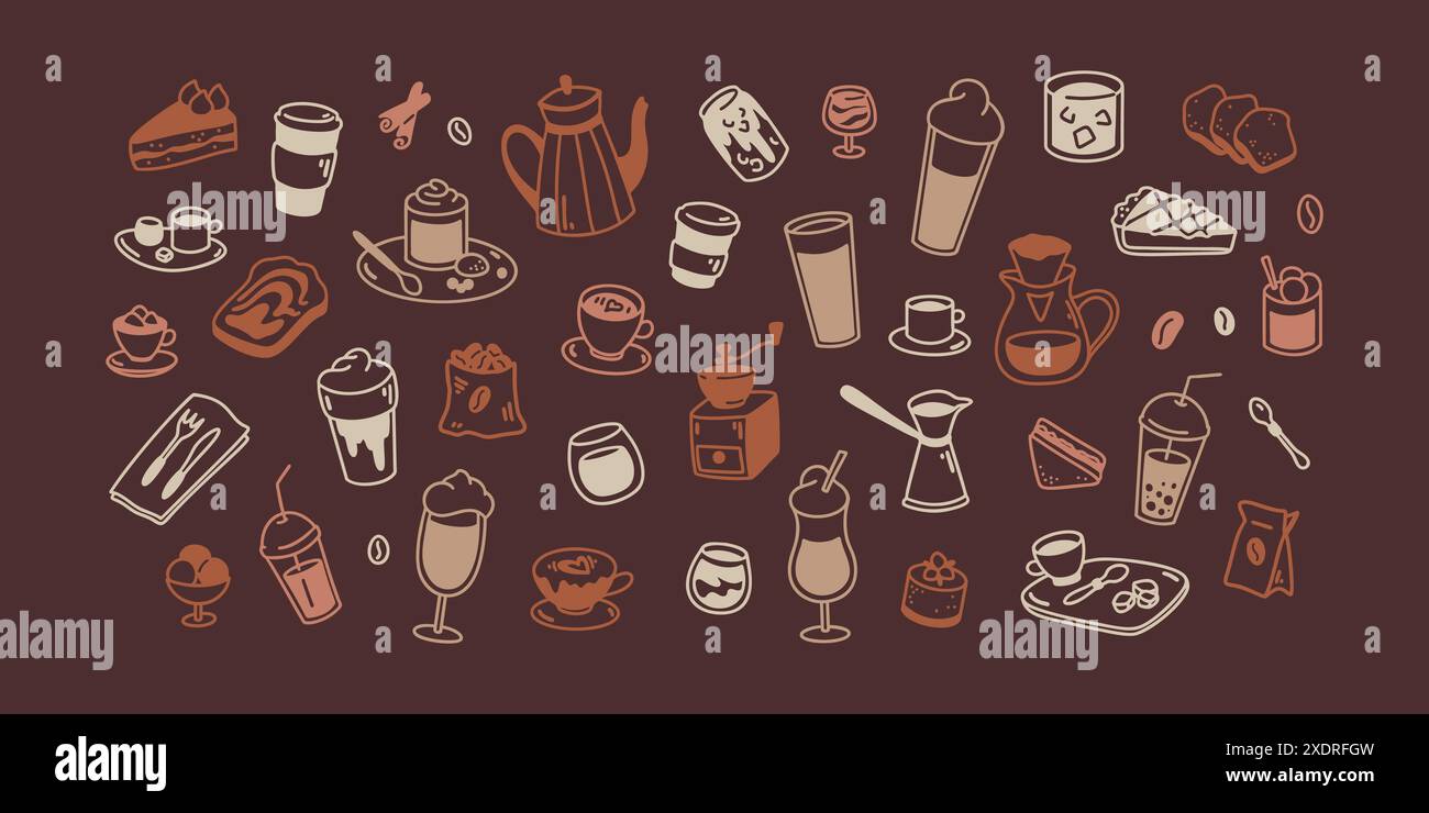 Coffee chalkboard. Hot, cold drinks and desserts in doodle stile. Cute ...