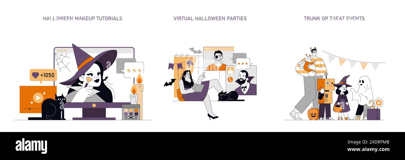 Halloween celebration set. Makeup tutorials, virtual parties, and trunk ...