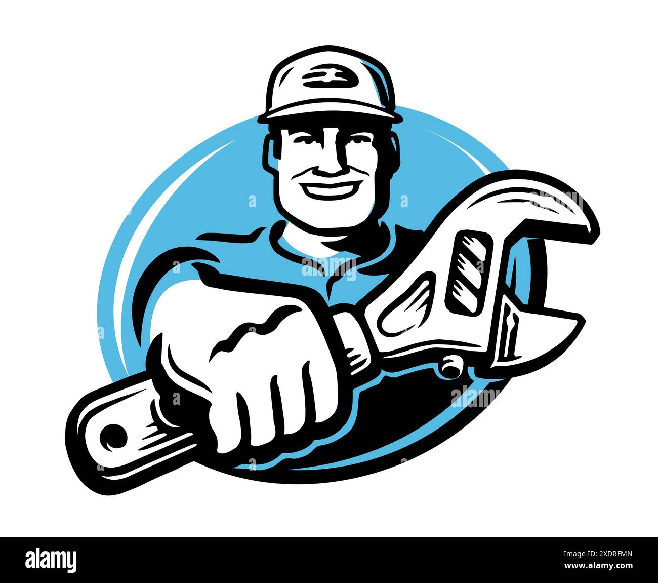 Happy mechanic holding an adjustable wrench in his hand. Repair or ...