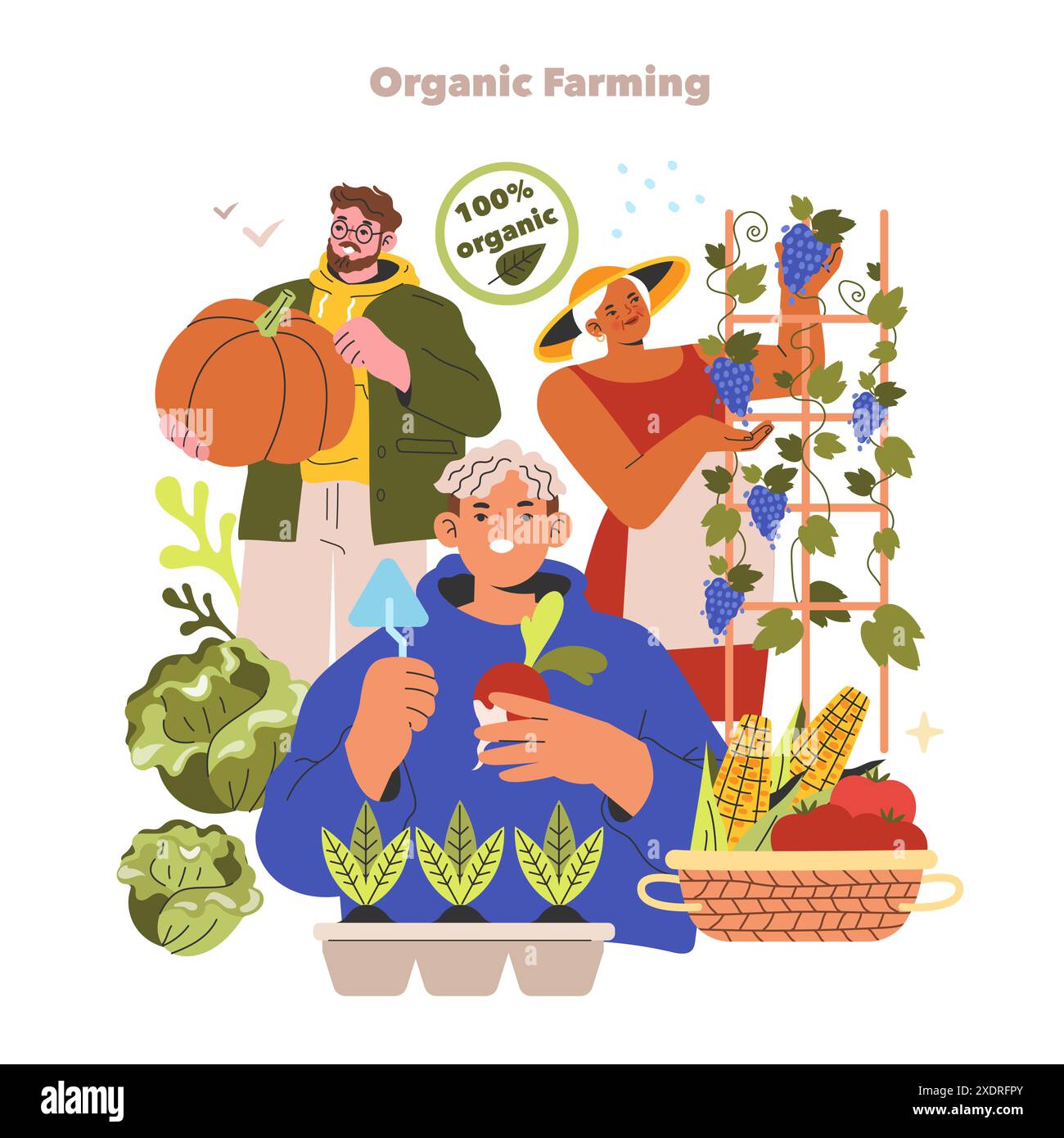 Organic Farming concept. Diverse people engaged in planting and harvesting crops, celebrating ...