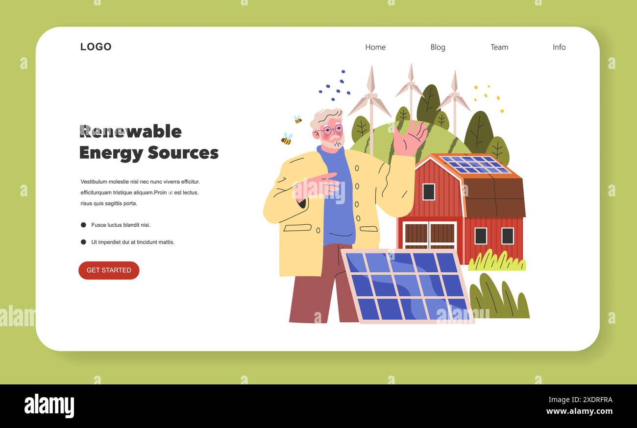 Renewable energy concept. Illustrated scene with a person gesturing ...