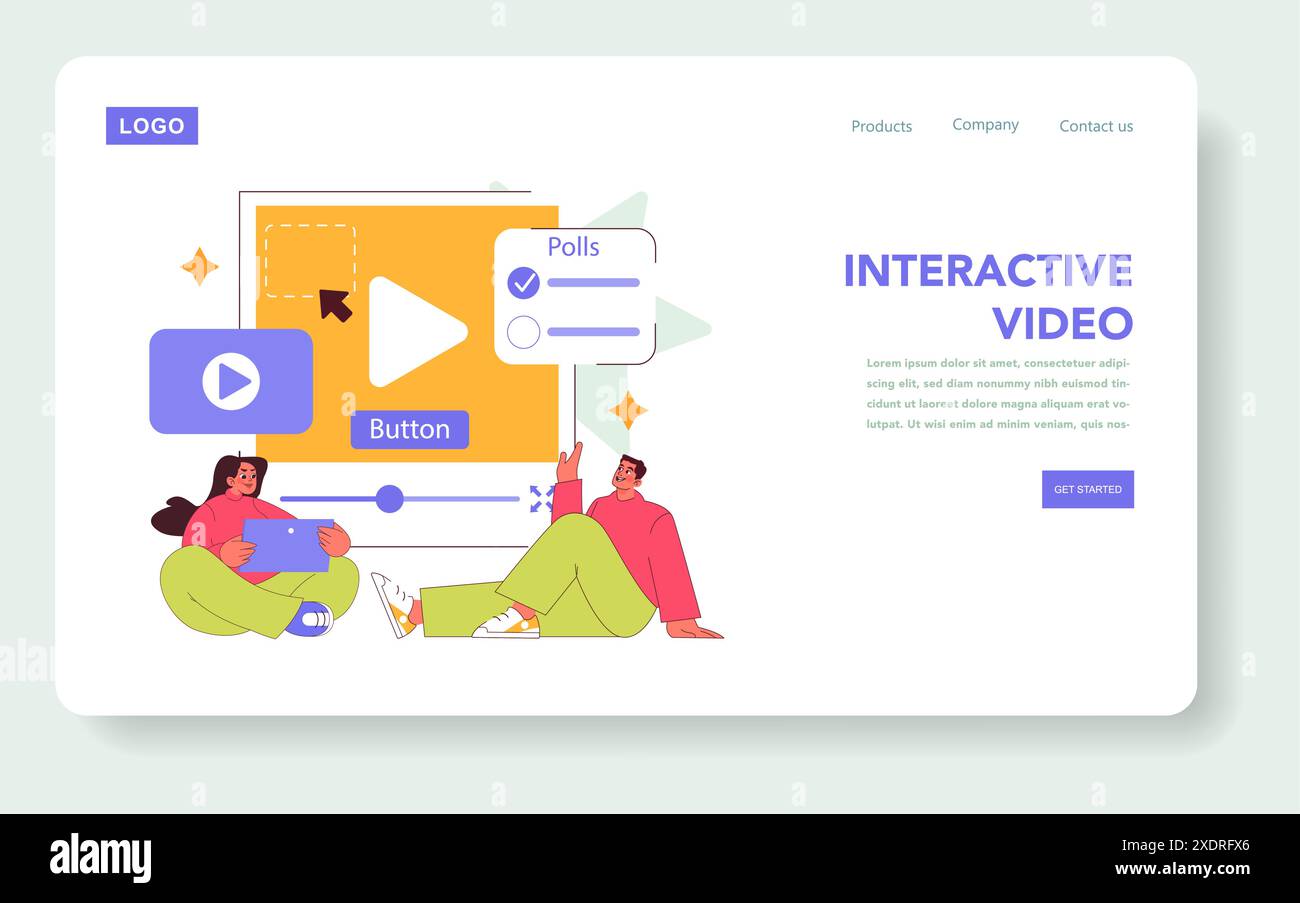 Interactive Engagement concept. Two people interact with a digital interface showcasing video ...