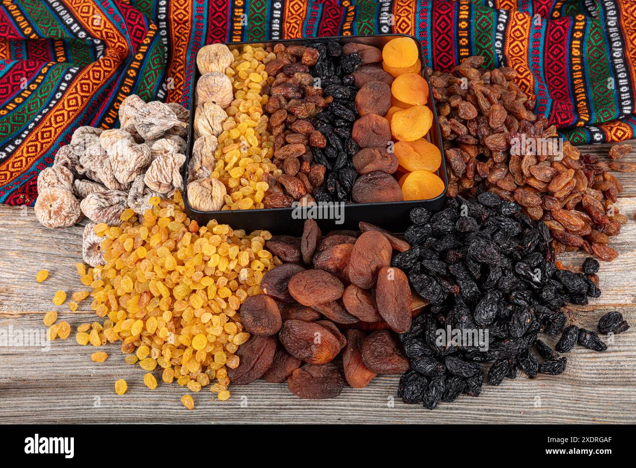 Types of dried fruits. Dried apricots, black and light raisins and ...