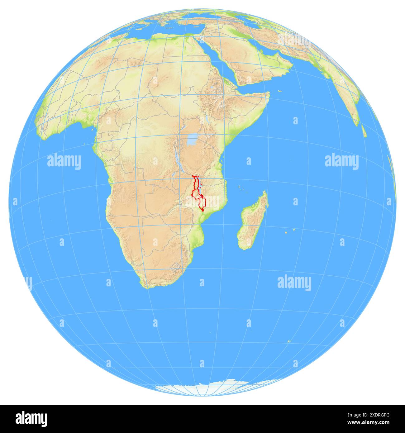 View of the Earth from space showing the location of the country Malawi ...