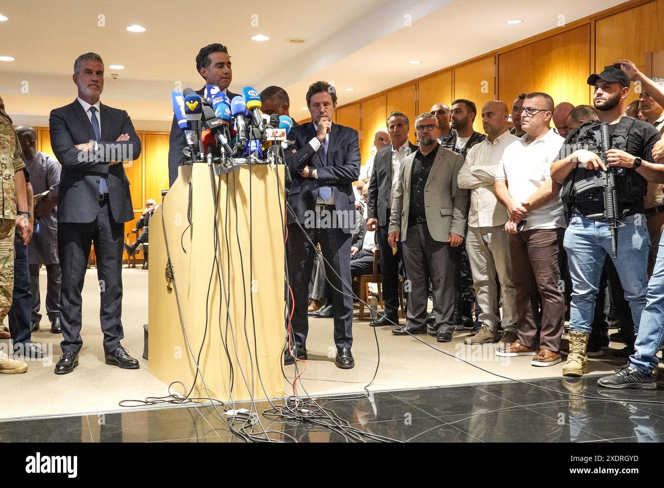 Lebanese Minister of Public Works and Transport Ali Homie (center ...