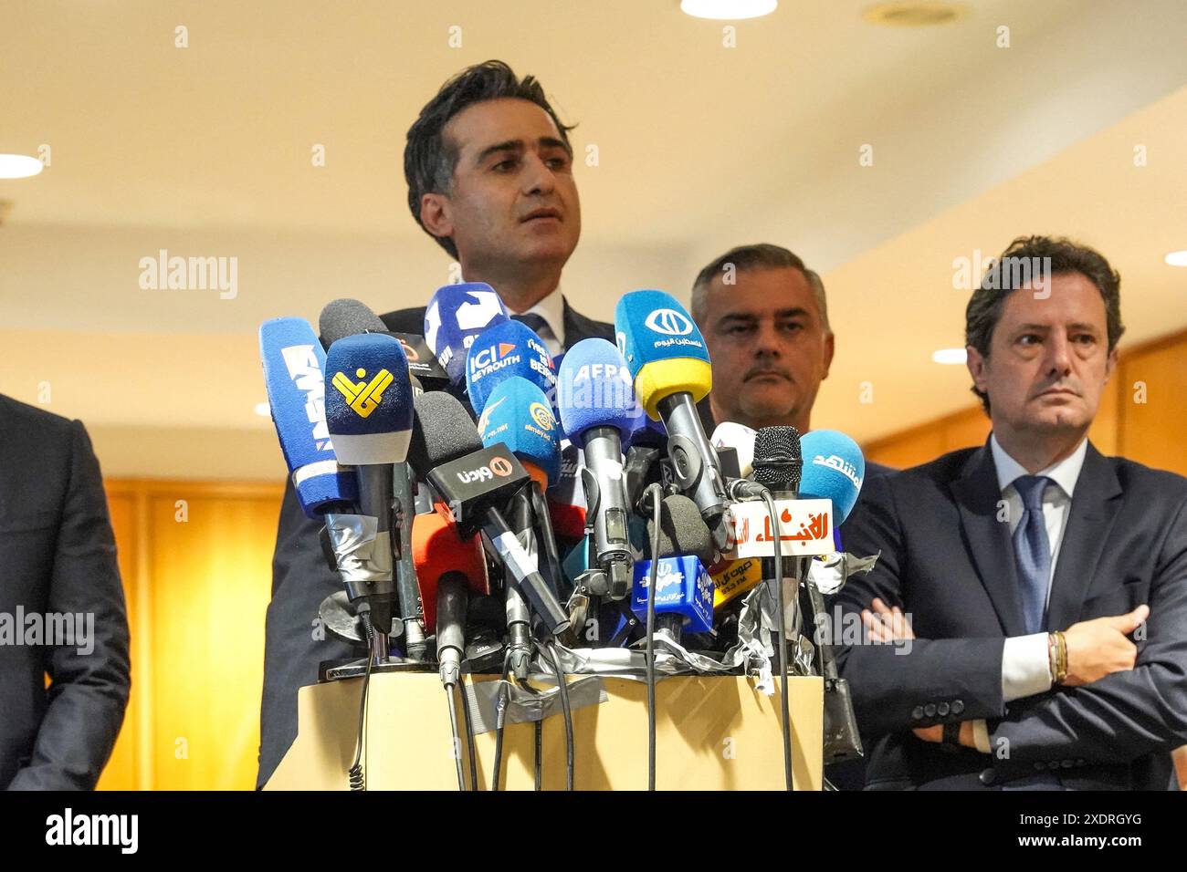 Lebanese Minister of Public Works and Transport Ali Homie (center ...