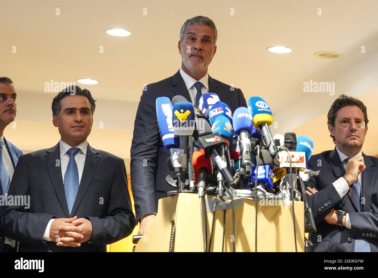 Lebanese Minister of Tourism Walid Nassar, center, talks during a ‘tour ...