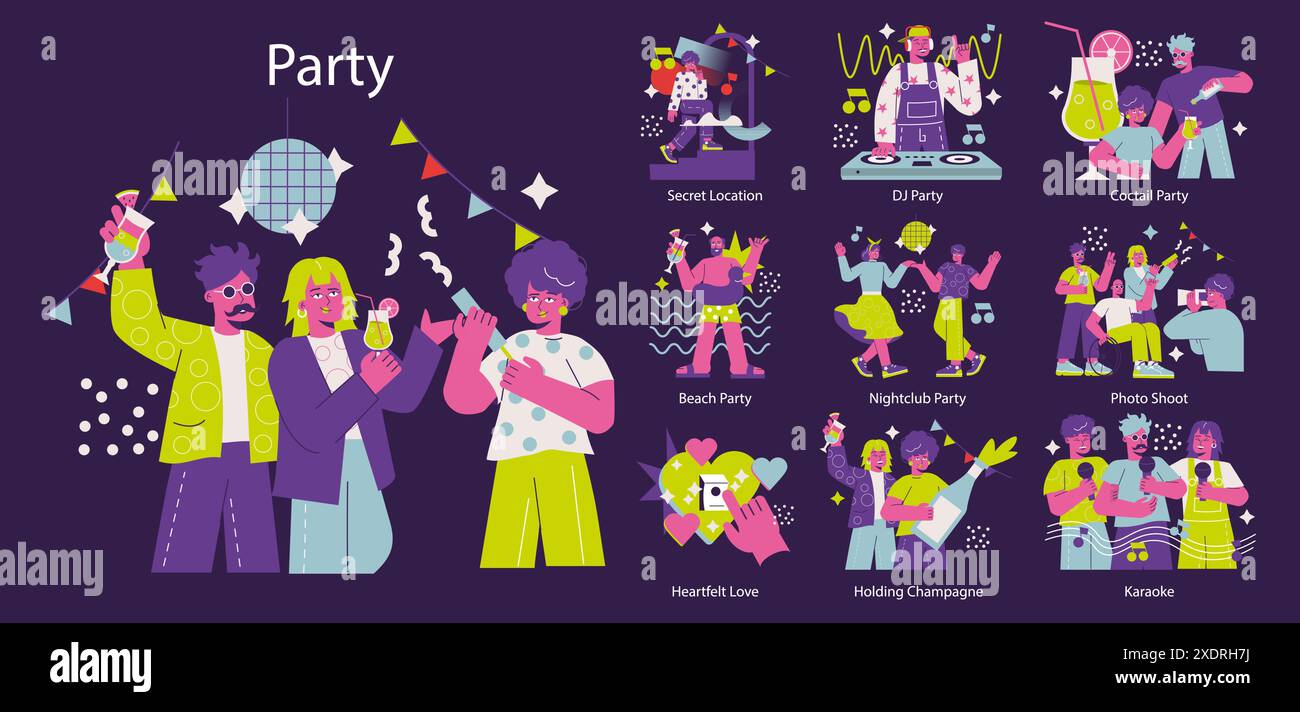 Party set. Various festive celebrations with lively characters enjoying ...