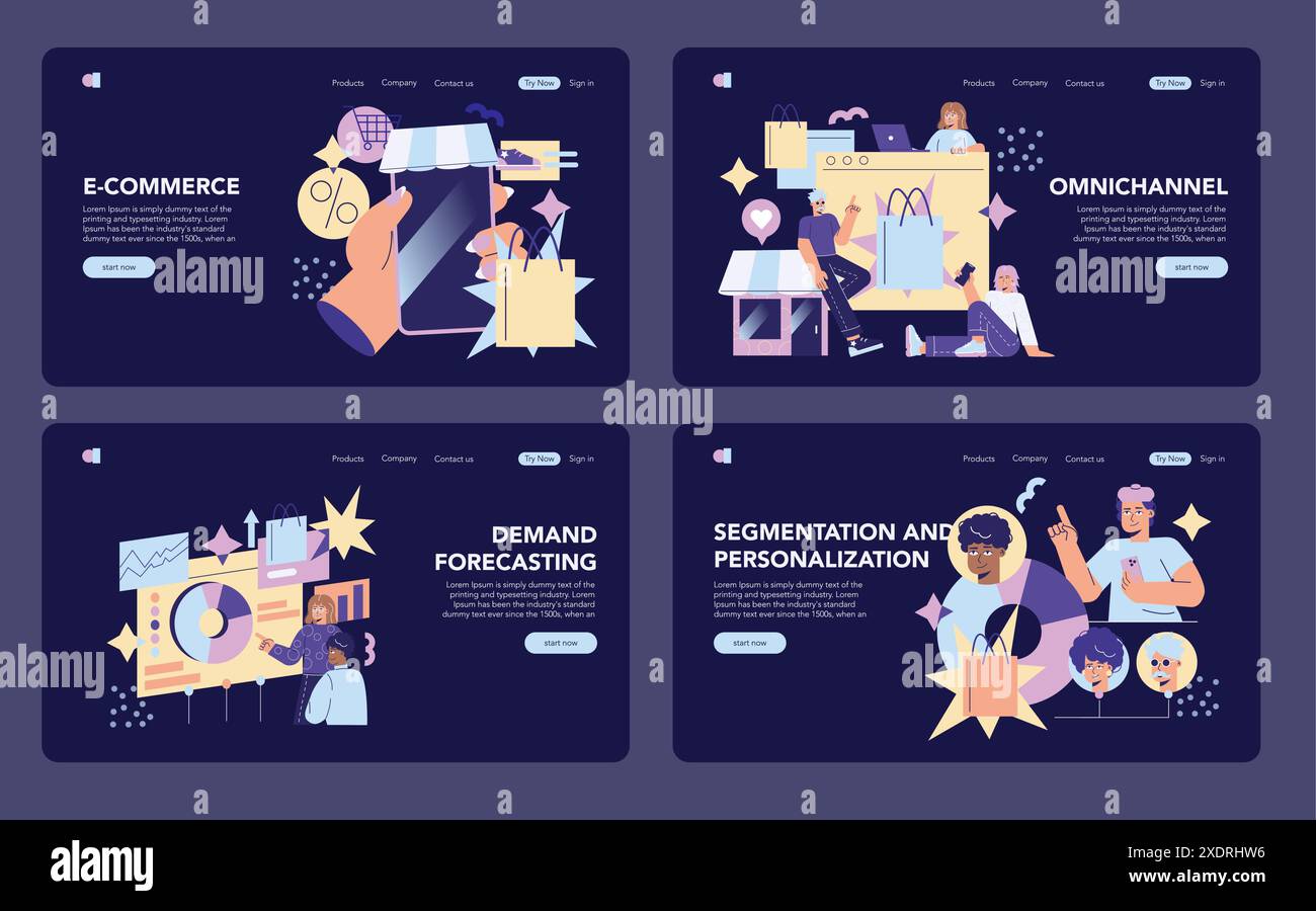 Retail Technology set. Exploring e-commerce, omnichannel strategies, demand forecasting, and ...