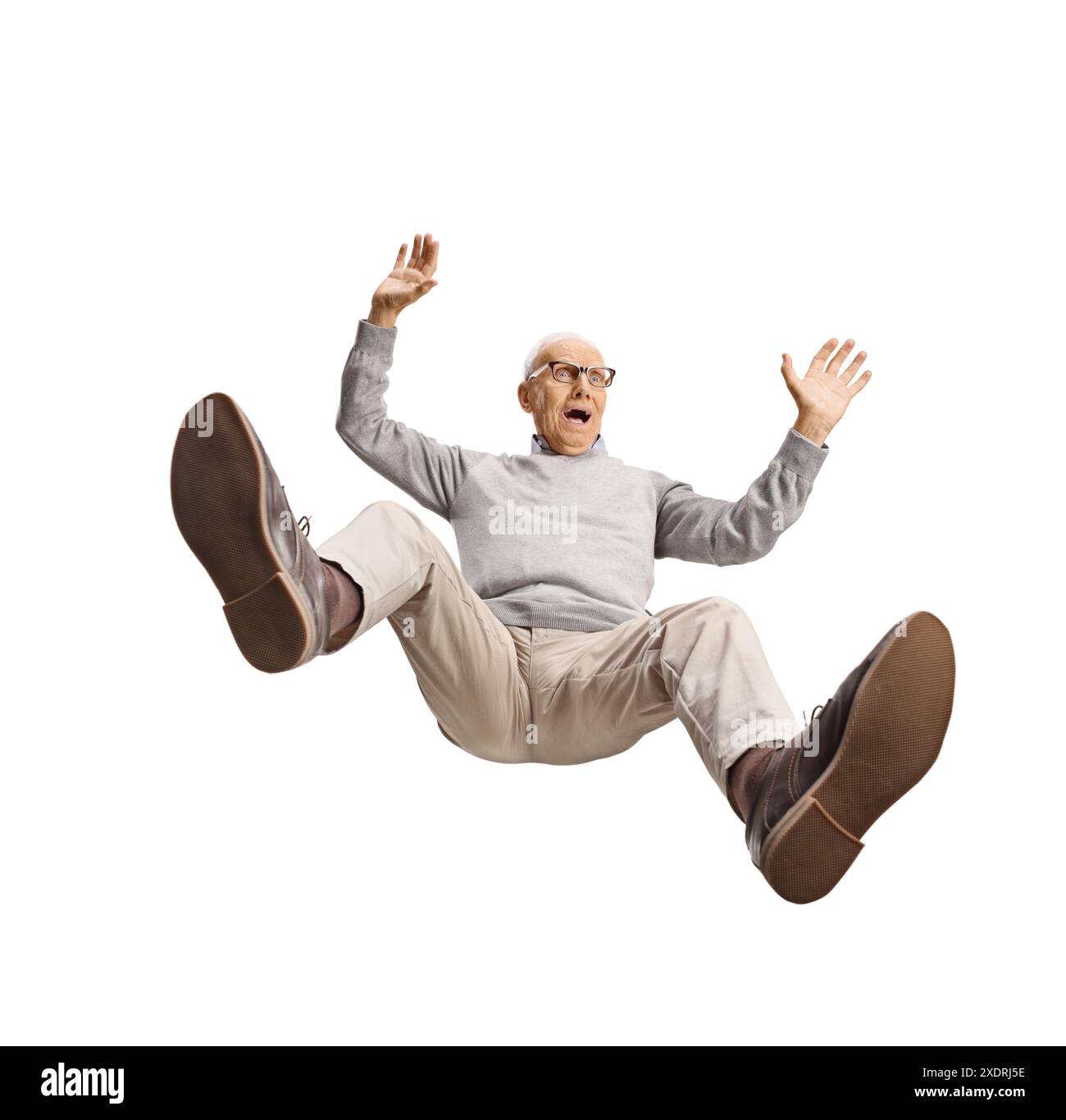 Scared elderly man with falling and screaming isolated on white ...
