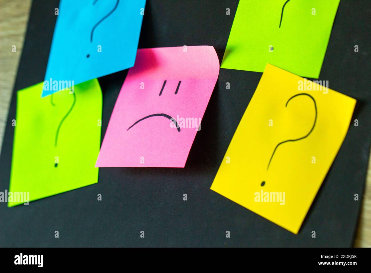 upset emoji surrounded by question marks on a dark background, failed ...