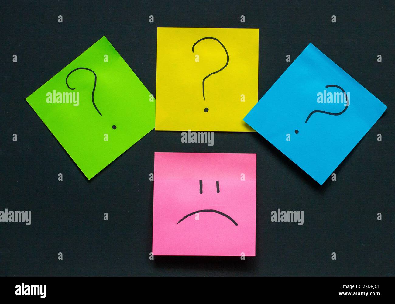 upset emoji surrounded by question marks on a dark background, failed ...