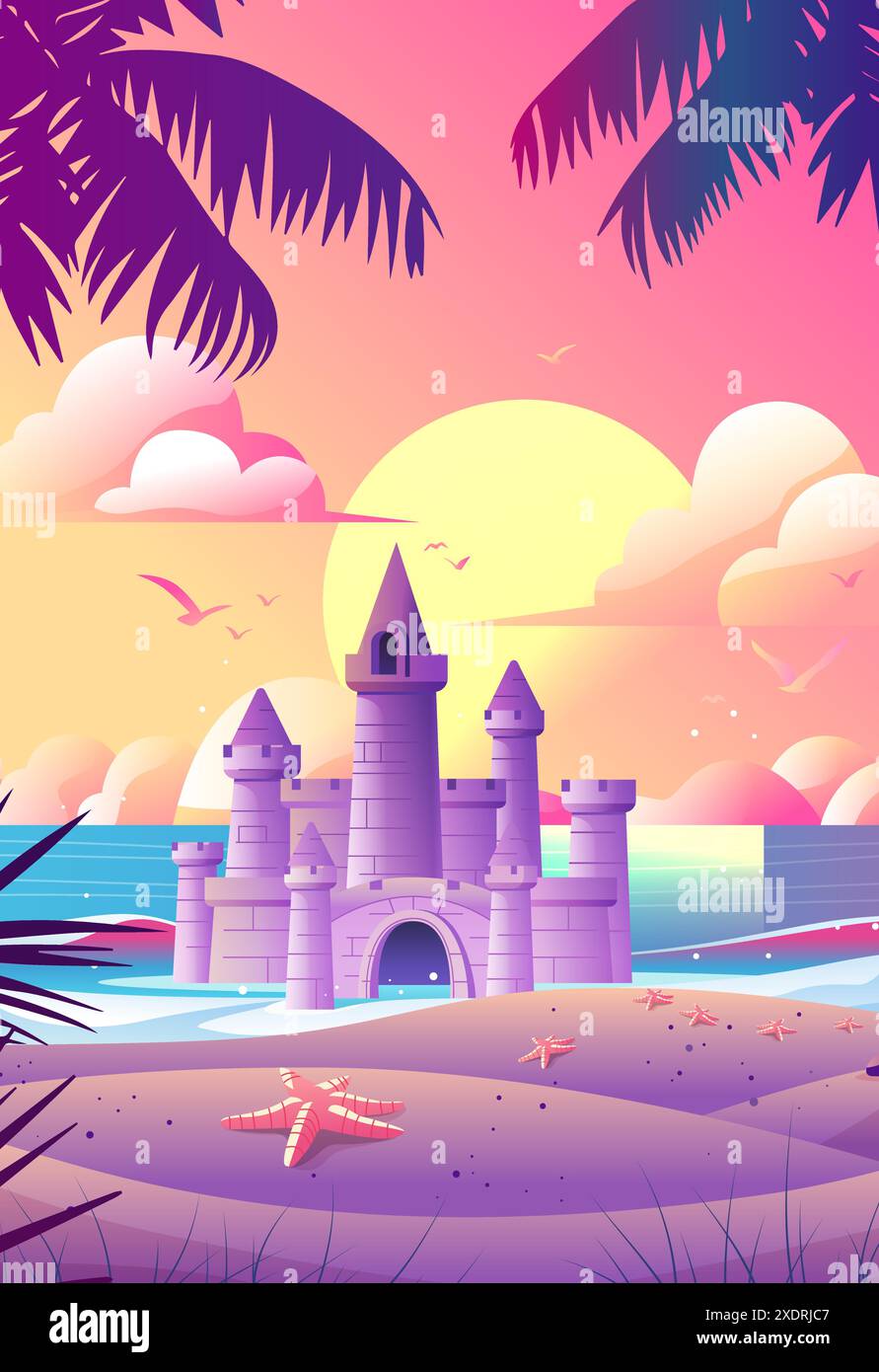 Sunset beach sandcastle starfish palm trees ocean waves clouds birds ...