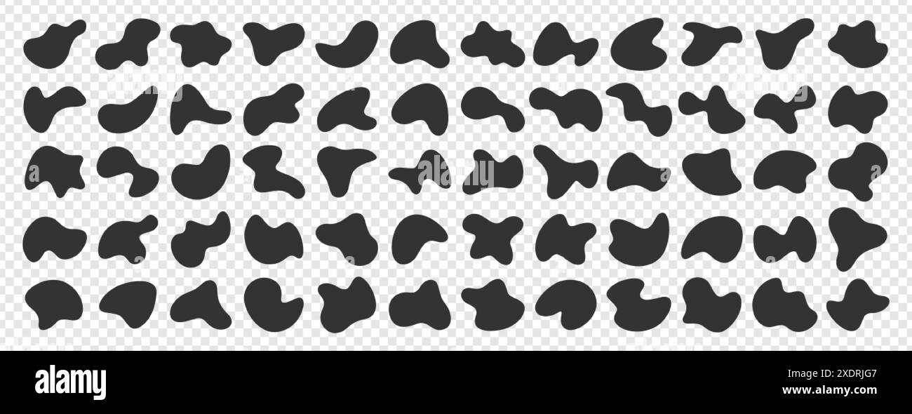 Set of irregular blobs. Black liquid drops, freeform shapes collection. Deformed random stains ...