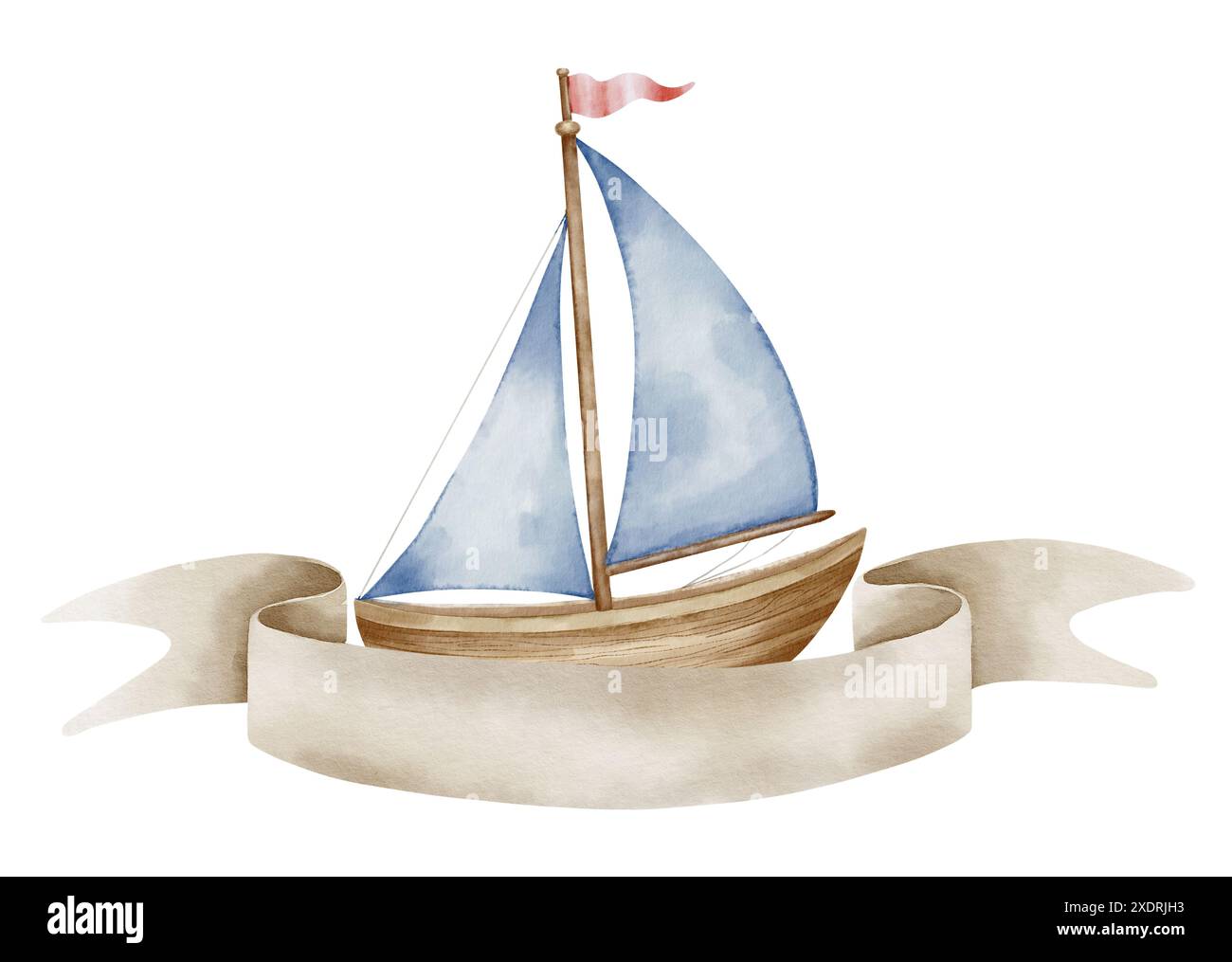 Sailboat watercolor illustration with ribbon for text. Template with ...