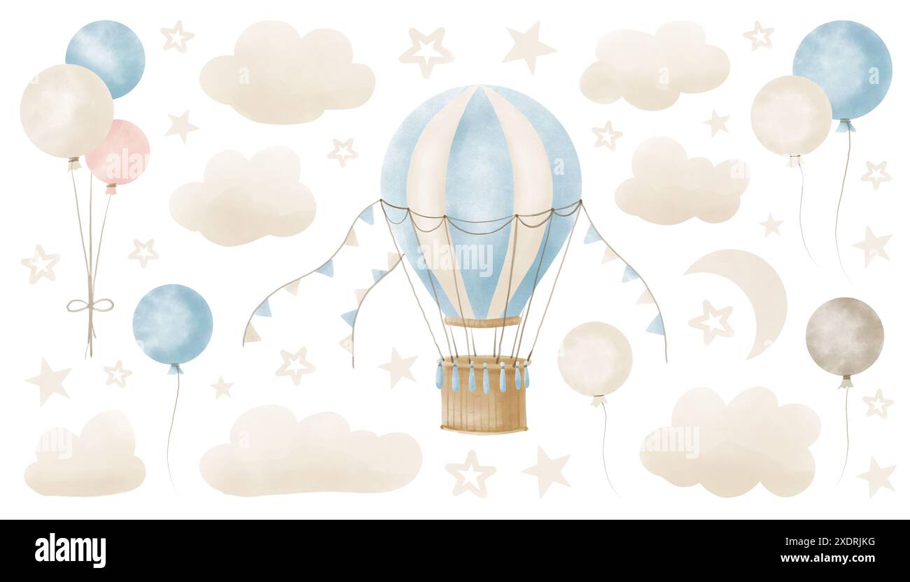 Watercolor hot Air Balloon with garlands, clouds and stars. Hand drawn ...