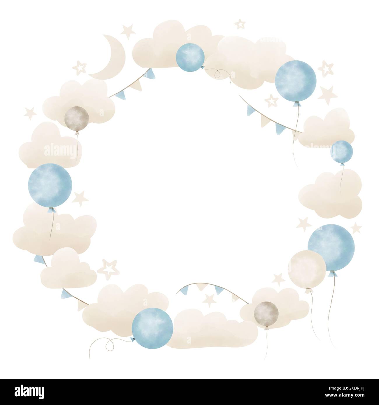 Baby round Frame with Clouds and Balloons in pastel blue and beige ...