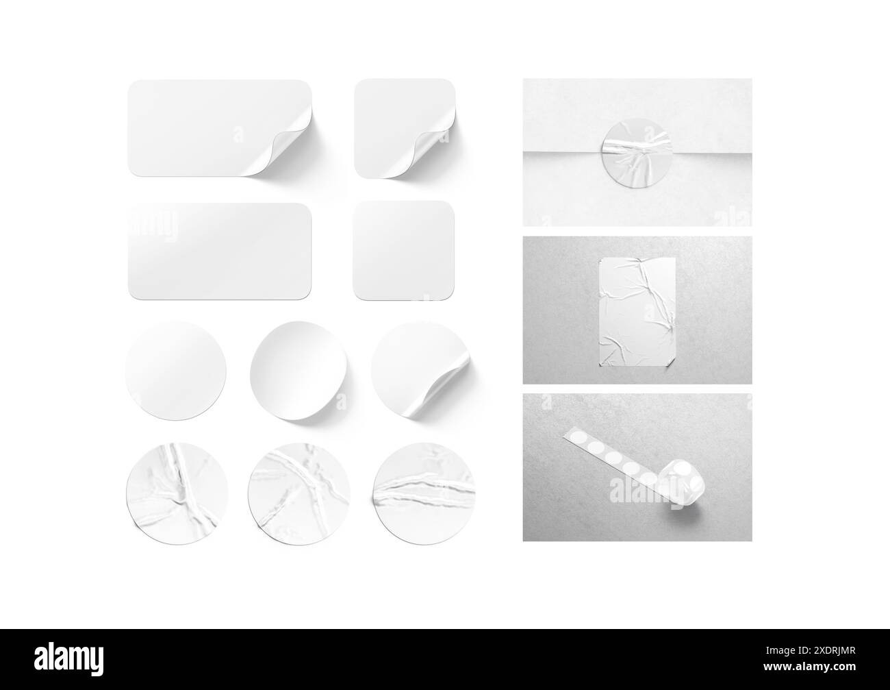 Blank white stickers mockup, different types, 3d rendering. Empty round ...