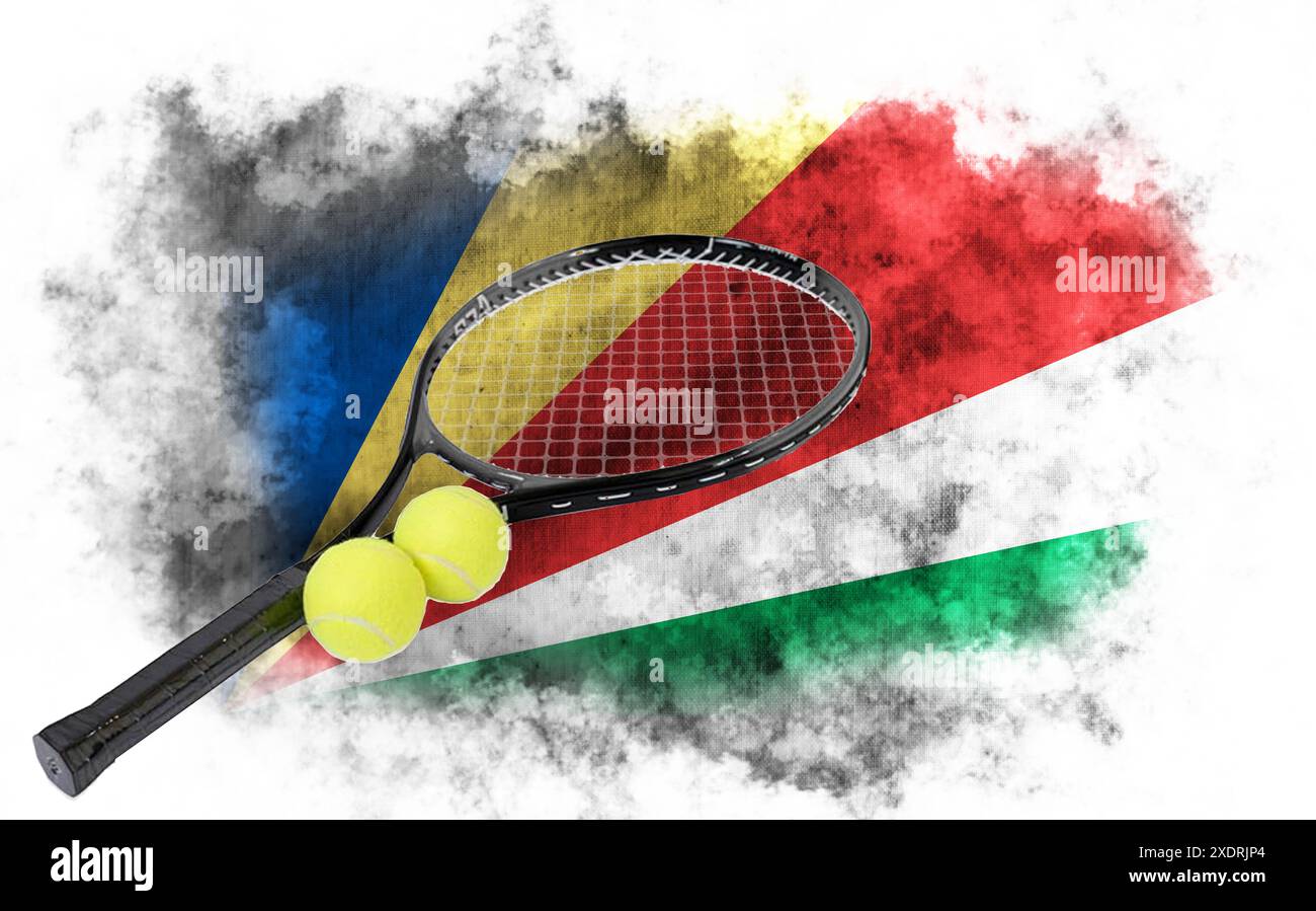 White background with Seychelles flag and tennis racket with balls ...
