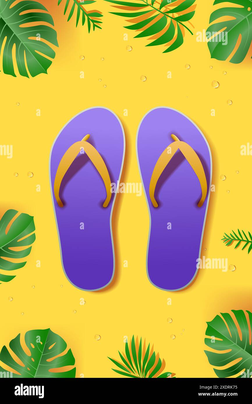 Purple flip flops on yellow background with tropical leaves and water ...