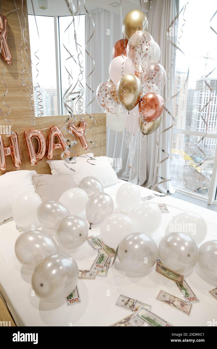 Birthday decorations - gifts, , balloons for party Stock Photo - Alamy