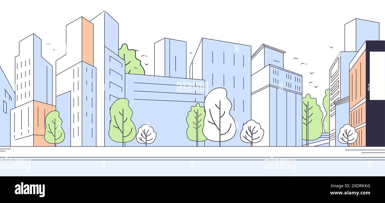 Modern cityscape with high-rise buildings trees and birds in a ...