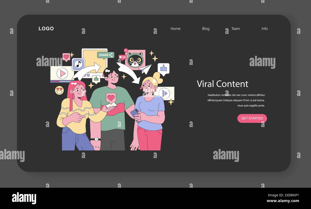 Digital Strategy concept. Engaging website interface promoting viral content with social media ...