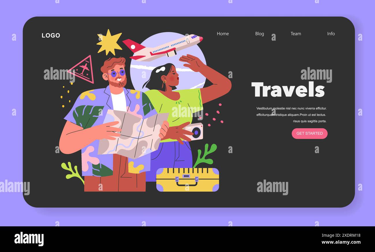 Travel website concept. Tourists with map and camera plan a journey ...