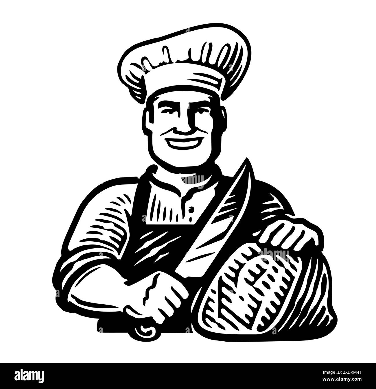Happy chef cook cuts piece of meat with knife. Emblem or badge for ...