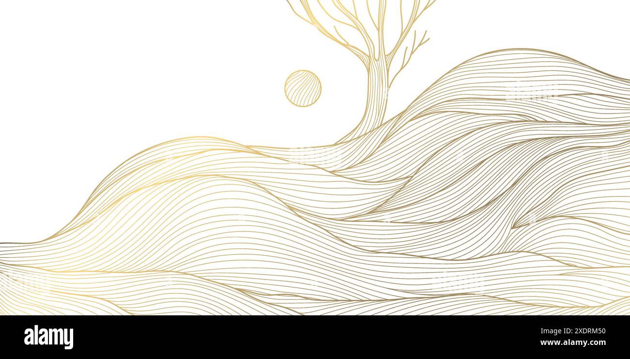 Vector abstract gold line landscape, hills with tree and sunset. Hills ...