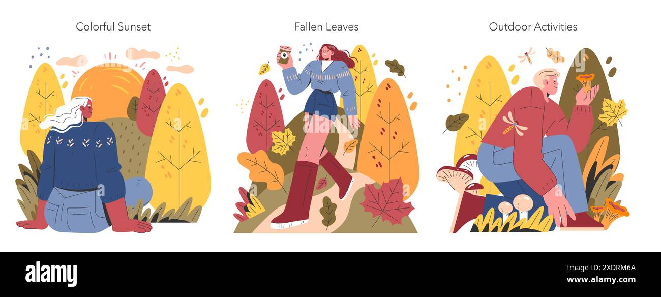 Autumn Activities set. People enjoying fall with colorful foliage ...