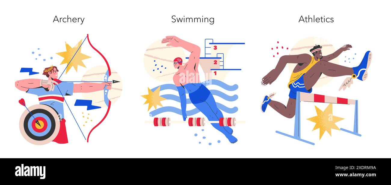 Olympic sports set. Athletes competing in archery, swimming, and ...